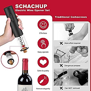 SCHACHUP Electric Wine Bottle Opener,Automatic Wine Opener Set,Wine Corkscrew with Wine Vacuum stopper, Wine Aerator Pourer and Foil Cutter Set for Home Kitchen Party Bar Wedding, gift in Black