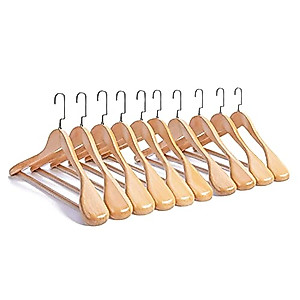 Baoz 10 Pack Solid Wooden Suit Hangers High-Grade Glossy Finish Wide Shoulder Design with Non Slip Pants Bar Swivel Hook for Sweater, Coat, Pants, Heavy Clothes