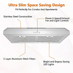 Upgraded 600 CFM Range Hood 30 inch, Under Cabinet Range Hood for Duct/Ductless Convertible, Stainless Steel Kitchen Stove Vent with 3 Speed Kitchen Exhaust Fan and Two Bright Energy-Saving LED