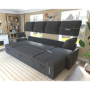 VanAcc Sleeper Sofa, 110 inch Oversize - 2 in 1 Pull Out Bed, Sectional Sleeper Sofa with Double Storage Chaise for Living Room, Grey Linen Couch