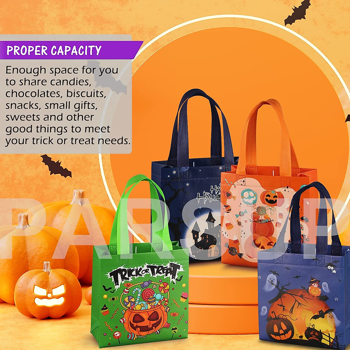 PARSUP 8PCS Halloween Trick or Treat Bags, Halloween Tote Bags with Handles, Gift Bags, Multifunctional Non-Woven Halloween Bags for Gifts Wrapping, Halloween Party Supplies, 7.9"×7.9"×3.15"
