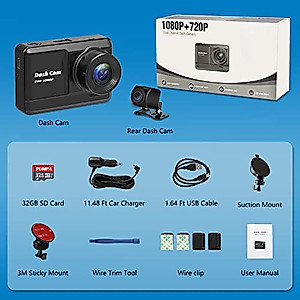 Dash Cam Front and Rear, 1080P Full HD Dash Camera for Cars with 32GB SD Card, 2.45'' IPS Screen, 170°Wide Angle, Night Vision, Parking Monitor, Loop Recording, Motion Detection