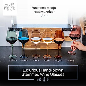 FyneDyne Boho Jewel-Toned Wine Glasses, Stained Cocktail Cups, Drinkware Bar Set for Rack, Set of 6 Stemmed Unique Drinking Glasses 16oz