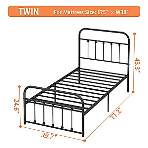 Closadin Classic Metal Platform Bed Frame with Heaboard and Footboard,Strong Metal Slats Support,No Box Spring Needed,Easy Assembly,Twin Size,Black