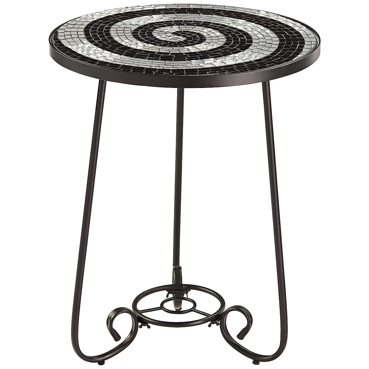 Teal Island Designs Spiral Modern Black Metal Round Outdoor Accent Side Table 17 3/4" Wide Black White Mosaic Tile Tabletop Gracefully Curved Legs for Spaces Porch Patio Home House Balcony Deck