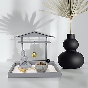 Gray Japanese Zen Garden Sand Box with Miniature Gold Bell Design - Mini Buddha Statue in Sand - Perfect Meditation Gifts for Relaxation and Mindfulness - Perfect Home and Office Decor