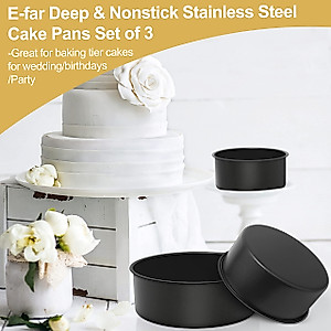E-far Deep Cake Pan Set of 3 (4/6/8 Inch), Nonstick Stainless Steel Round Cake Pans Tins for Baking Layer Wedding Cakes, Stainless Steel Core & Nontoxic Coating, Deep & Straight Side