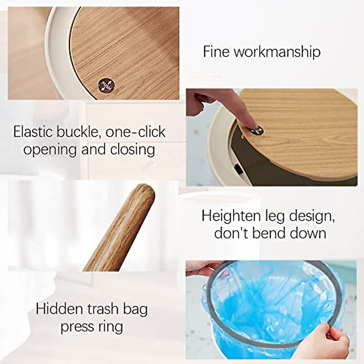 Press Cover Round Trash Bin with Legs Seamless Dark Brown Wooden Old Planks Wood Texture Push Top Trash Can with Lid Dog Proof Garbage Can Wastebasket for Living Room 7L/1.8 Gallon