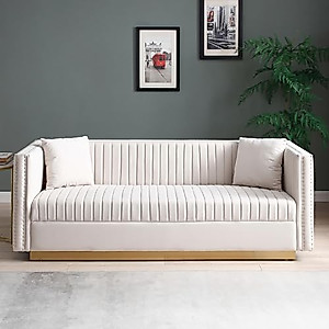 EMKK Living Room Furniture,Modern Upholstered 2-Piece Sofa Set Including 3 Seater, Loveseat,with Solid Wood Legs, Vertical Channel Tufted Backrest,Couch for Apartment with 4 Pillows, F-Beige