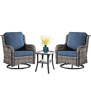 XIZZI Patio Chair Outdoor Swivel Rocking Patio Chairs Set of 2 and Matching Side Table 3 Pieces PE Rattan Wicker Patio Bistro Set 360 Degree Rotation Chairs,Grey Wicker Denim Blue