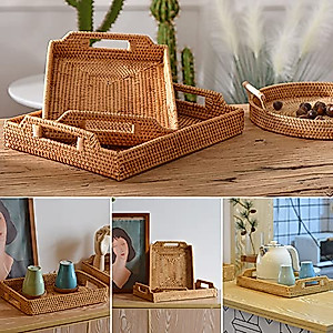 Rectangular Rattan Serving Tray with Handles, Handwoven Wicker Decorative Display Serving Platters for Coffee, Breakfast, Drinks, Snack Multi-Purpose Dining Table Desktop Organiser Tray(S)