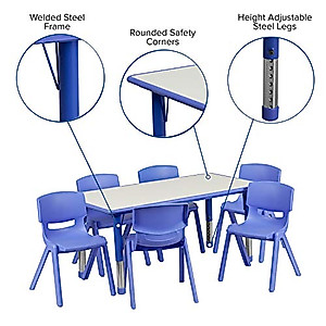 Flash Furniture 23.625''W x 47.25''L Rectangular Blue Plastic Height Adjustable Activity Table Set with 6 Chairs