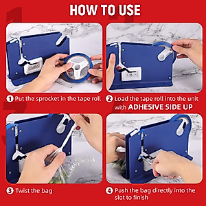 Kailund Steel Tape Bag Sealer with Bag Trimmer - Includes 6 Rolls of Tapes - Poly Bag Sealer Tape Machine, Bag Sealing Tape Dispenser for Fruit, Greens and Ground Meat Packaging