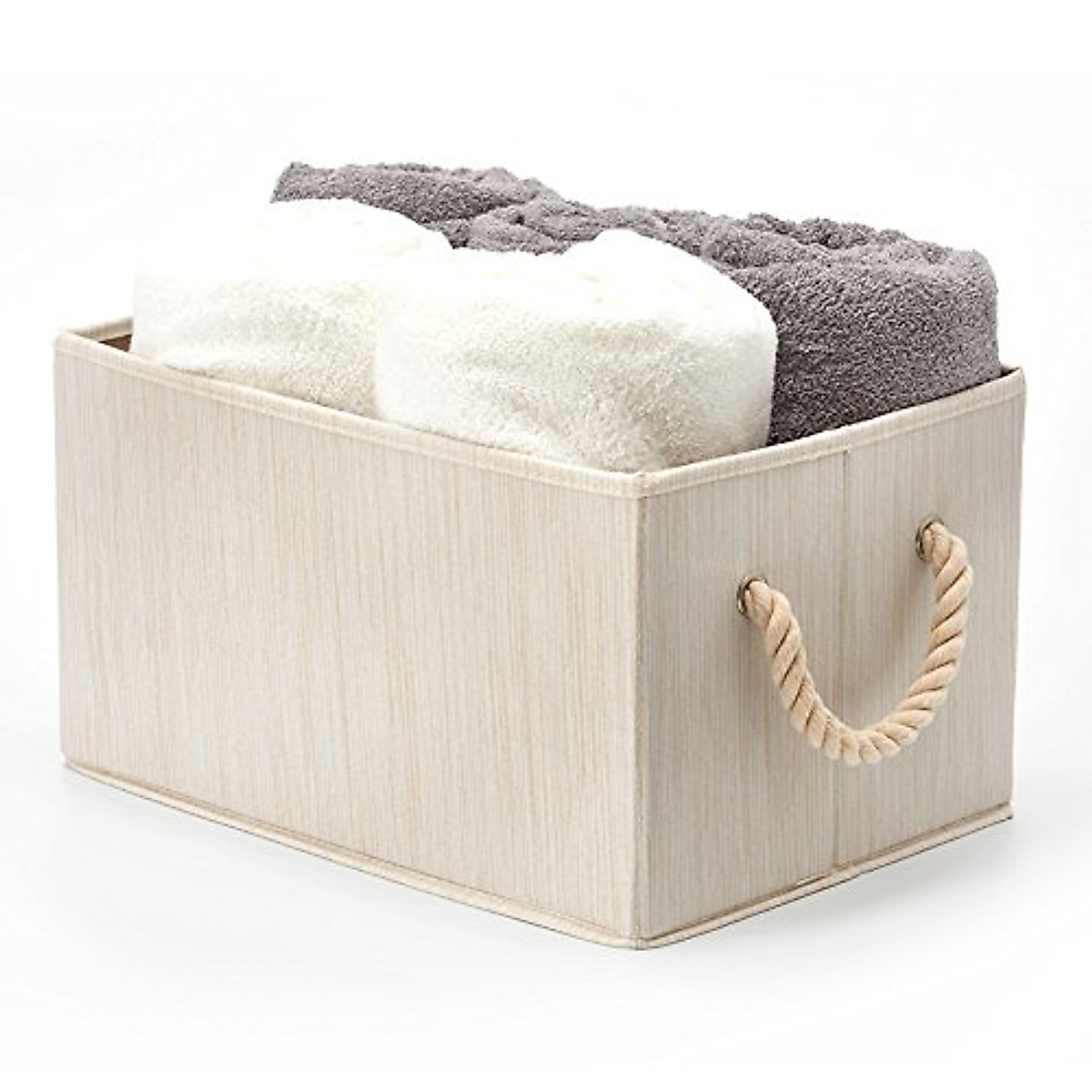 EZOWare Set of 3 Bamboo Large Fabric Storage Bins Baskets with Cotton Rope Handle, Collapsible Cube Container Box for Nursery, Kids, Closet, and More (Beige)