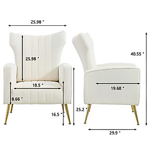 FATFISH Modern Velvet Accent Chair with Arms, Wingback Reading Chair with Gold Metal Legs, Comfy Upholstered Single Leisure Sofa for Living Room Bedroom Club(Velvet+White)