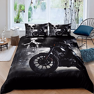 Black Motorcycle Rider Comforter Cover Set Gray Skull and Mist Decor Duvet Cover King Size,Extreme Sport for Boys Teens Men Bedding Set Microfiber Polyester Chic Quilt Cover Set