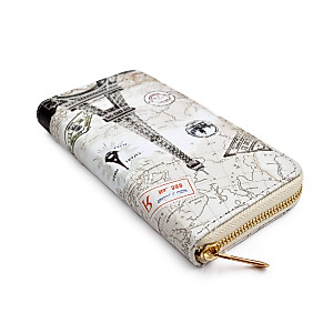 Eiffel Tower & Map Print PU Leather Continental Zip Around Wallet, Large