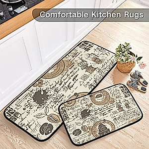 J JOYSAY Coffee Theme Symbol Retro Kitchen Rugs and Mat 2 Pieces Set Cushioned Anti Fatigue Kitchen Mat Non Slip Comfort Standing Mat Washable Farmhouse Decor for Kitchen Floor Home Office Laundry