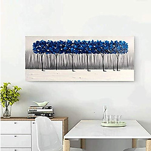 Yihui Arts Landscape Painting Abstract Tree Canvas Art Handpainted Indigo Blue Forest Pictures Artwork for Living Room Bedroom Wall Decor (20Wx40L)