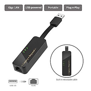 SIIG Foldable USB 3.0 to Ethernet Adapter, 10/100/1000 Mbps Gigabit Ethernet LAN RJ45, Supports Windows 10/8/7, Mac OS X 10.16 to 10.6 - Black (LB-US0714-S1)