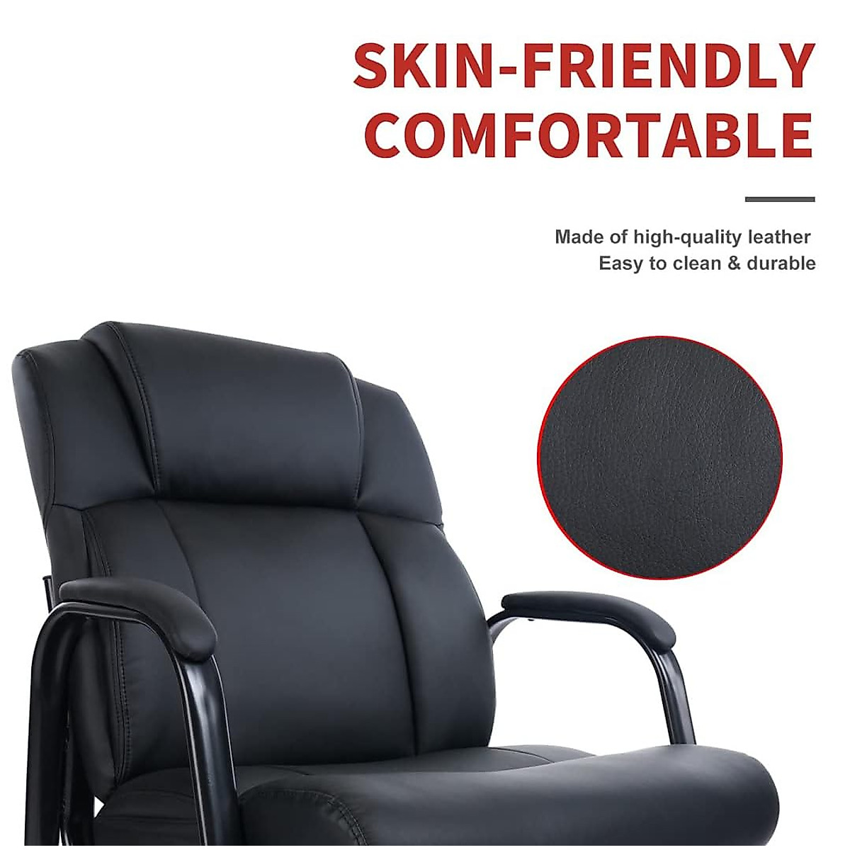 CLATINA Big and Tall Office Chair 400lbs Leather Reception Chair with Bonded Padded Armrest Wide Seat Desk Chair No Wheels for Reception Conference Waiting Room Side Office Home Black