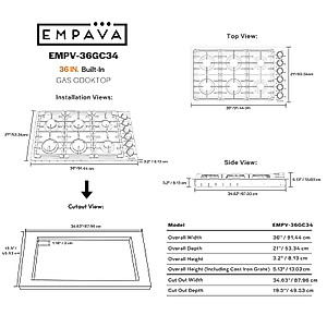 Empava 36 in. Gas Stove Cooktop 5 Italy Sabaf Sealed Burners NG/LPG Convertible in Stainless Steel, 36in