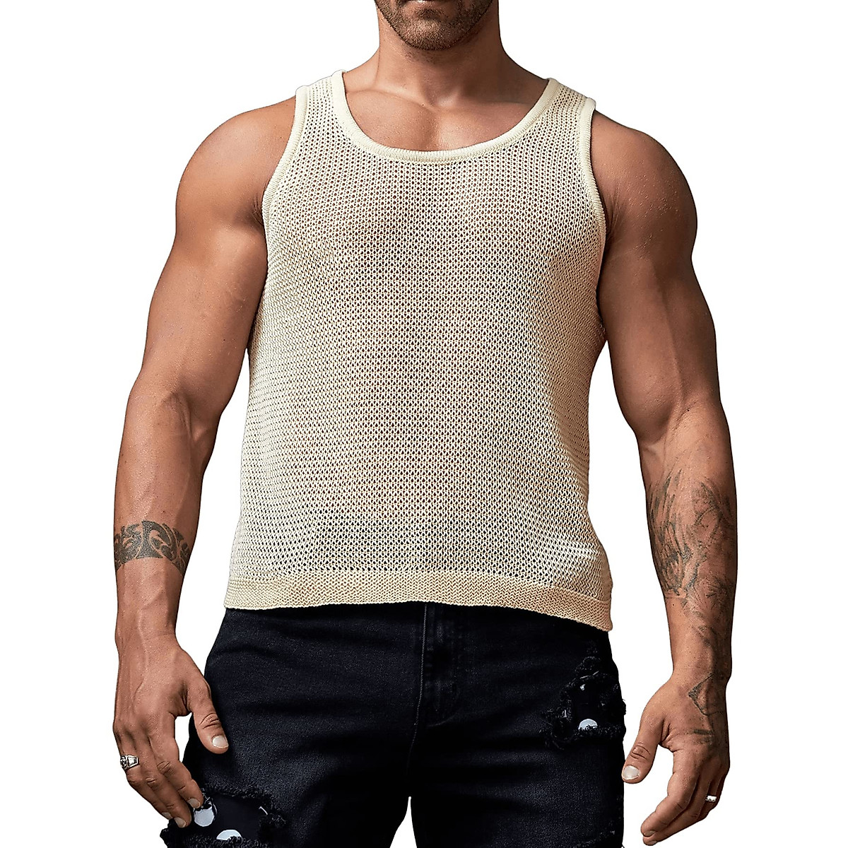 Verdusa Men's Casual Sleeveless Round Neck Sheer Knitted Tank Muscle Top Beige XL