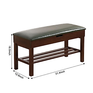 Buzleer Solid Wood Shoe Bench with Lift-Up Cushion Storage 2-Tier Shoe Rack for Front Door Entrance Hallway Benches with Hidden Storage (Walnut Green, 31.5in)