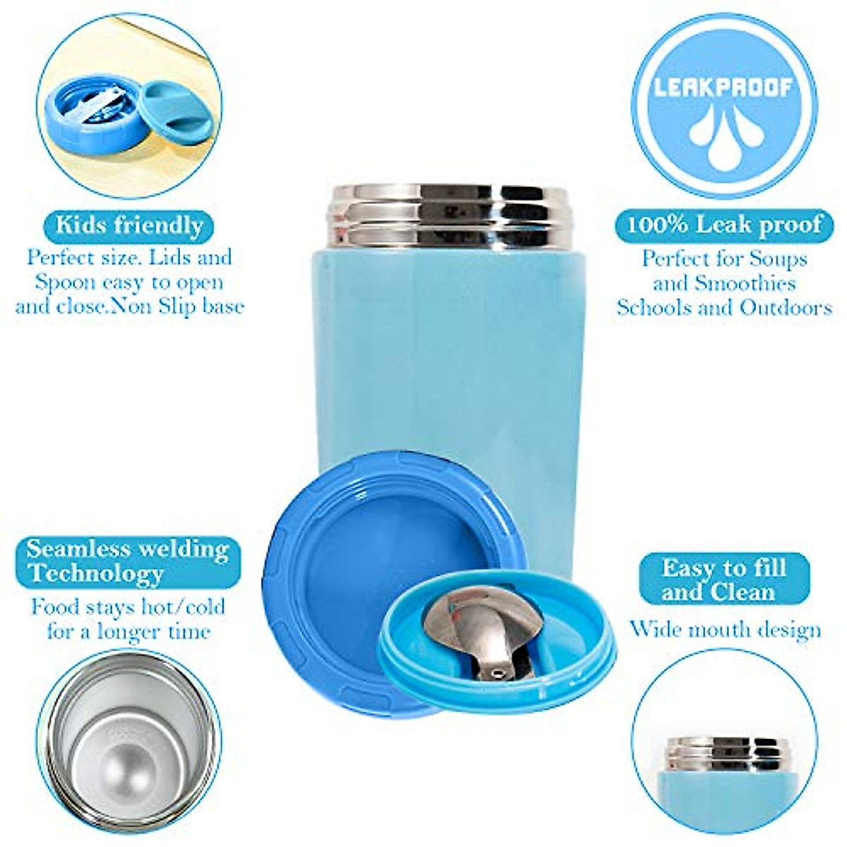 Thermos food jar - Food thermos for hot food - Leakproof vacuum insulated hot food jar for kids and adults with spoon - Soup Thermos - 13.5 Oz 400ml (Blue)