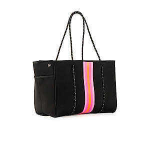Haute Shore - Greyson Rave Neoprene Tote Bag w/Zipper Wristlet Inside, Black W/Hot Pink Orange