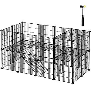 SONGMICS Pet Playpen, Small Animal Playpen, Rabbit Guinea Pig Cage, Zip Ties Included, Metal Wire Apartment-Style Two-Story Pet Premium Villa for Bunnies Puppies, Indoor Use, Black ULPI02H