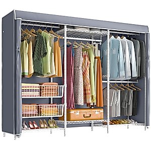VIPEK V10C Plus Portable Closet Heavy Duty Clothes Rack with Slid Basket, Covered Wardrobe Closet, Adjustable Closet Storage Rack, White Clothing Rack with Grey Oxford Fabric Cover 86.6"Lx17.3Wx76.4 H