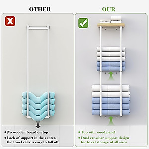 Anfeichen Towel Rack Wall Mounted, 2 Tier Bath Towel Storage Holder with Wooden Shelf, Metal Towel Rack for Small Bathroom Organizer, White