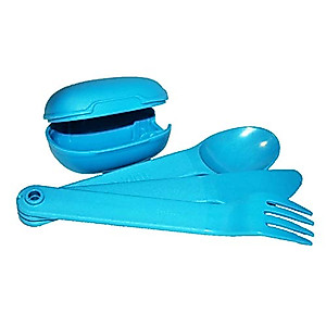 Tupperware Snap Together Cutlery Utensils Fork Knife Spoon Set Travel Case Blue