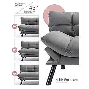 Miscoos Velvet Convertible Bed, 71" Comfy Loveseat Sleeper Sofa with Adjustable Backrest Armrest, Strengthen Wood, Thick Cushion, Small 2 Seater Futon Couch for Living Room, Bedroom, Light Grey