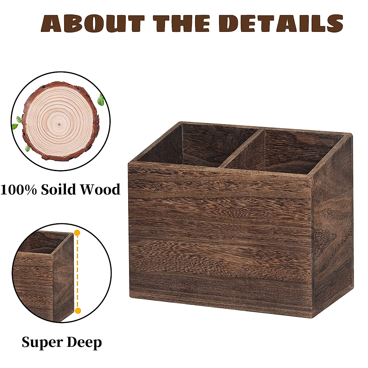 Wooden Kitchen Utensil Caddy With 2 Compartments, Rustic Kitchen Utensil Holder for Kitchen Countertop, Wood Utensil Crock Organizer Box for Farmhouse Kitchen Decor