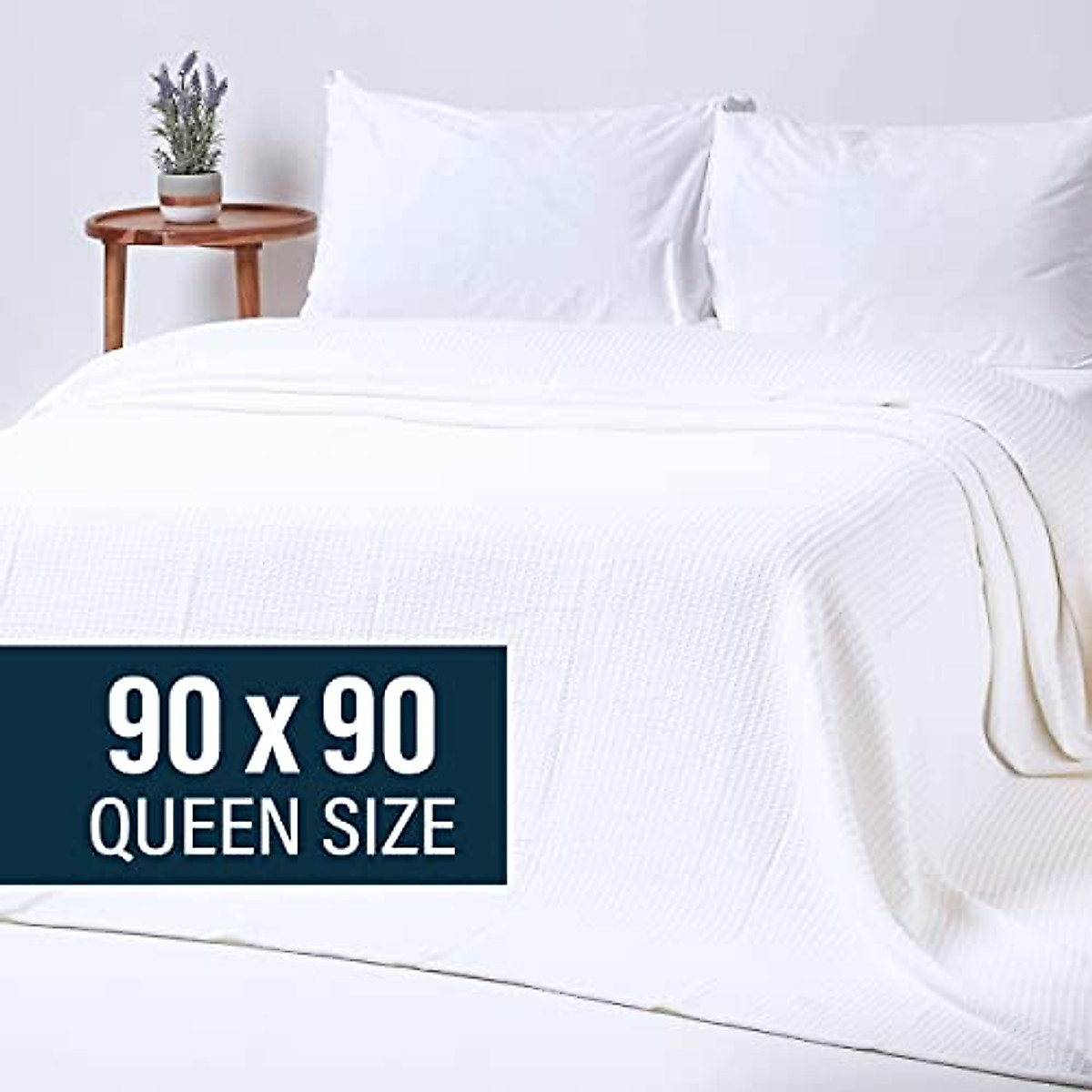 White Waffle Weave Soft Lightweight Queen Size Bed Blanket, 90x90in - 100% Cotton, Travel Blanket, Throw Blanket for Sofa, Bed, Couch