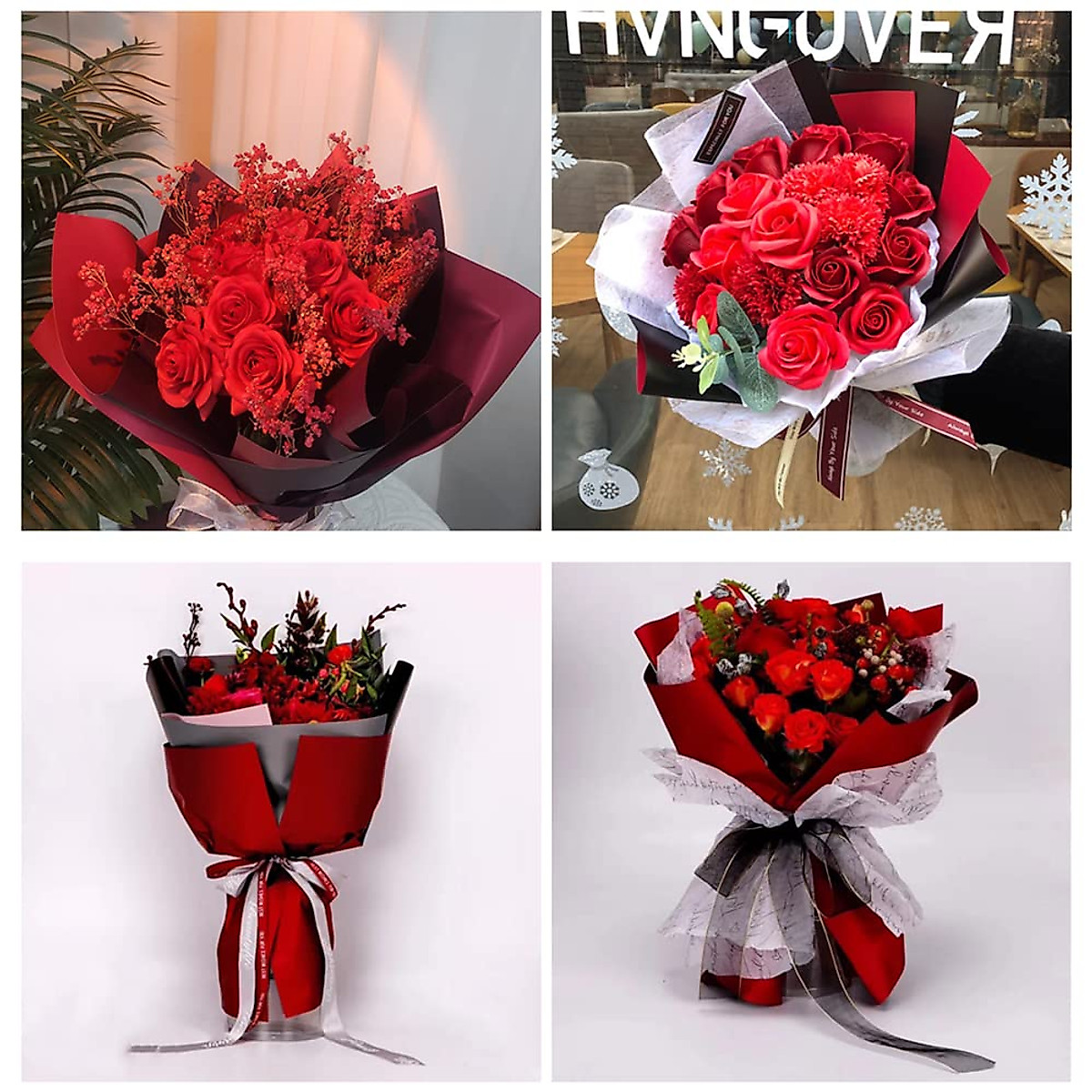 NatureMan 20 Sheets Double-Sided Colors Flower Wrapping Paper,Waterproof Valentine's Day Bouquet Wrapping Paper 22.8x22.8Inch Used for Gift Packaging, Flower Shop Bouquet Packaging (Black+Wine red)