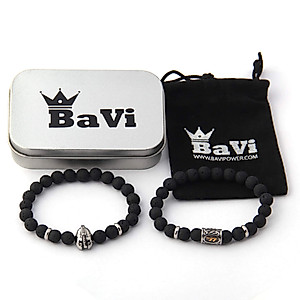 BAVIPOWER Set Rune Bead Bracelet and Viking Warrior Helmet Lava Rock Volcanic Stone Bead Elastic Adjustable Bracelet Bangle (Black)