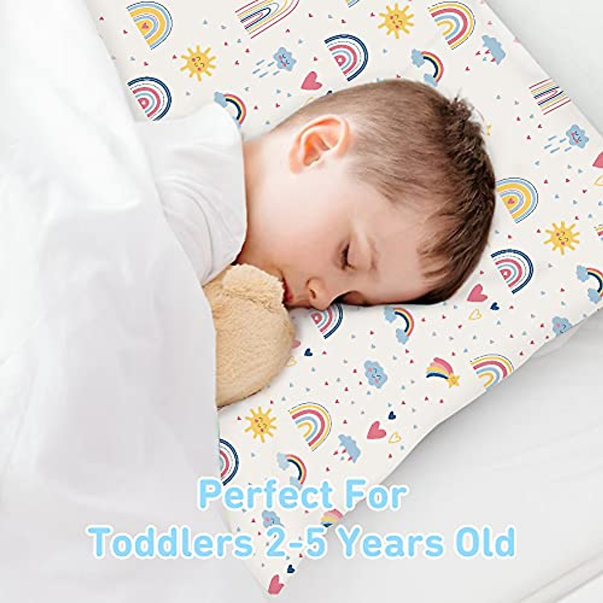 Toddler Pillow,13X18 Soft Baby Pillows for Sleeping, Machine Washable Kids Pillow with Cotton Pillowcase, Perfect for Travel, Toddlers Cot (Happy Sunny Rainbow)