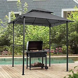 Gazebo Beach Canopy Outdoor Grill Gazebo 8 x 5 Ft, Shelter Tent, Double Tier Soft Top Canopy and Steel Frame with Hook and Bar Counters, Grey