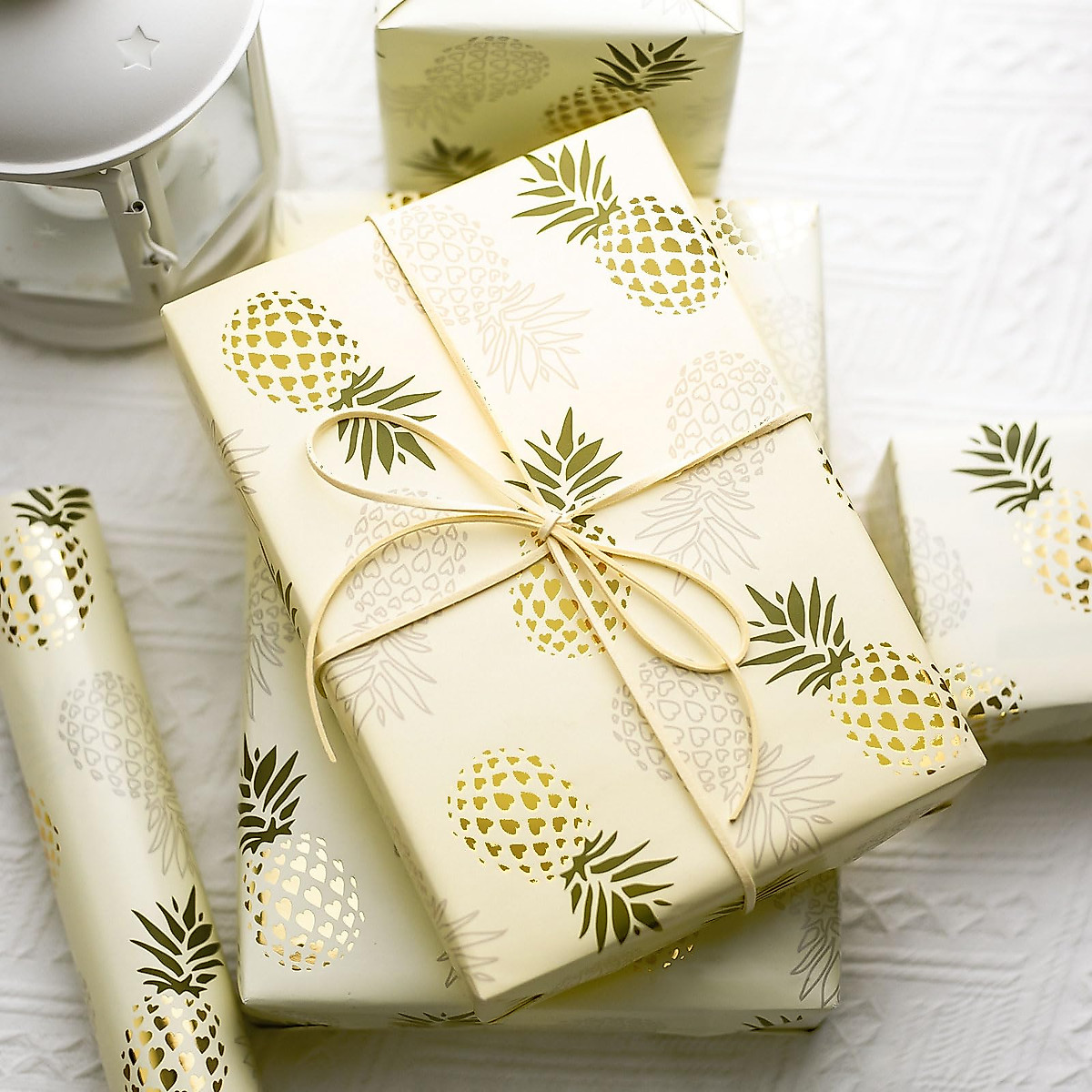 Garbendy Pineapple Wrapping Paper Roll - Gold Foil Design with Cut Lines for Birthdays, Holidays, Weddings, Baby Showers - 17" x33ft