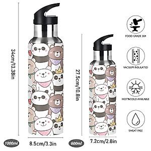 Kigai Cute Cartoon Bear Stainless Steel Water Bottle w/Straw 34 OZ- Thermo Mug, Metal Canteen-Keeps Liquids Hot or Cold w/Vacuum Insulated Sweat Proof Sport Design