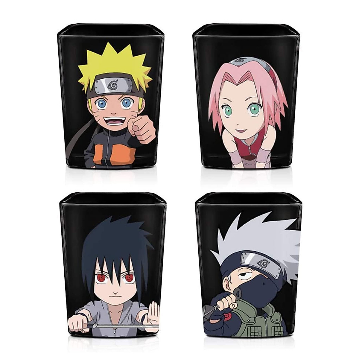 JUST FUNKY Naruto Shippuden Shot Glasses Set of 4 | Durable & Dishwasher Safe | 2 Oz Cubic Shot Glasses Featuring Naruto, Sasuke, Kakashi, Sakura | Officially Licensed