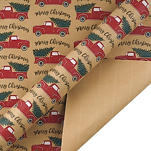 RUSPEPA Wrapping Paper, Kraft Paper - Snowflakes, Car and Christmas Tree, Stripes and Merry Christmas - 4 Rolls - 30 inches x 10 feet per Roll