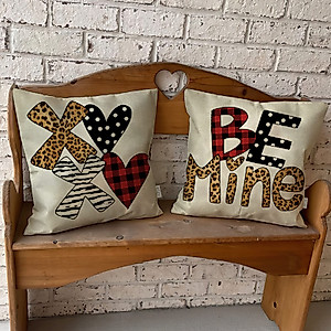 Fjfz Valentine's Day Decorative Throw Pillow Cover 18x18 Set of 4, Be Mine Love Leopard Red Buffalo Plaid Check Black Polka Dot Striped Anniversary Wedding Home Decor Farmhouse Cushion Case for Couch
