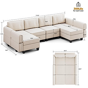 AYEASY 113'' Modular Sectional Sofa, Convertible Sectional Couches for Living Room U Shaped Sectional Sofa Couch with Storage Ottoman, High Supportive 6 Seats Reversible Sectionals with Chaise, Beige