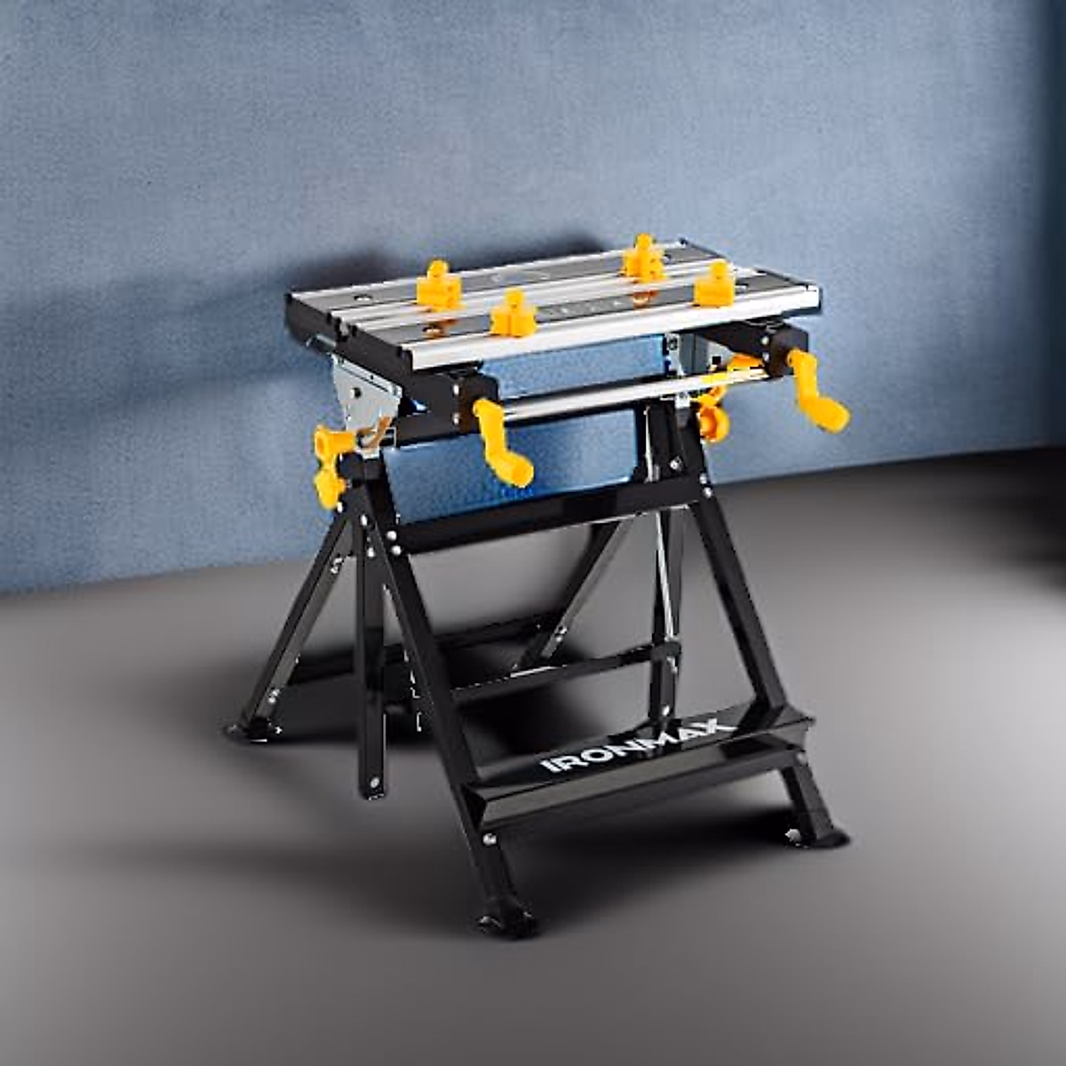 IRONMAX Portable Workbench, Folding Work Table with 7-Level Height Adjustable, 8 Sliding Clamps and Reclining, Folding Workbench and Vise for Cutting, Saw, Paint