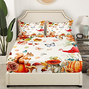 Erosebridal Cute Squirrel Comforter Set Full Size for Girls Women Fall Decor Sheet Set Thanksgiving Day Gifts Fitted Sheet Fall Season Flat Sheet 4 Piece Lovely Butterfly Mushroom Floral Sheets