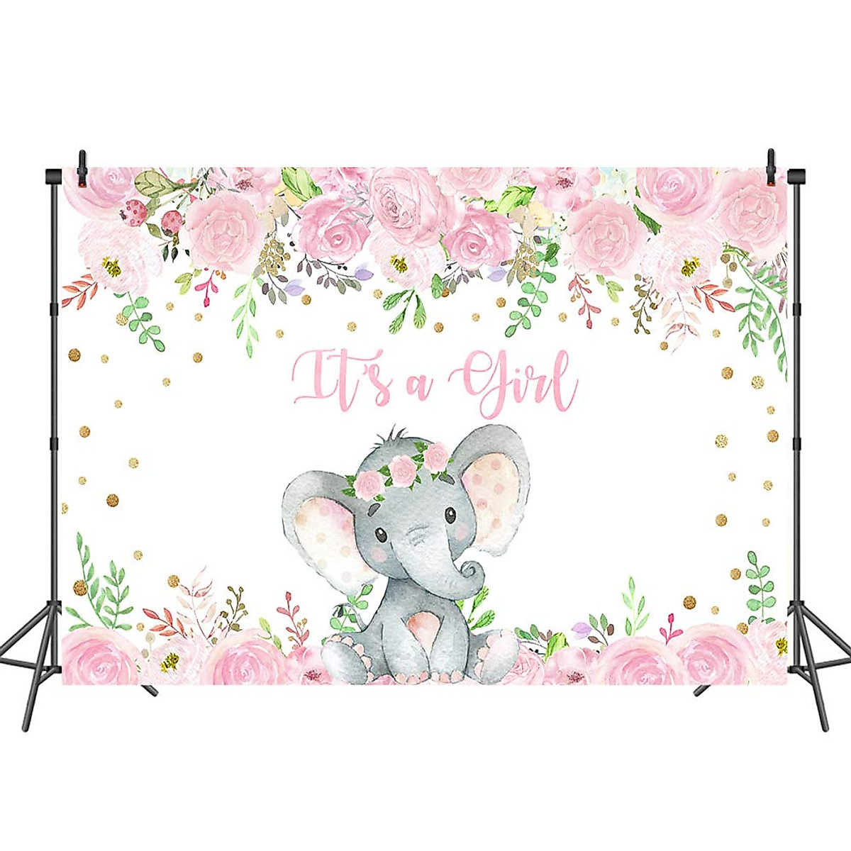 Mocsicka Elephant Baby Shower Backdrop Girl Pink Floral Little Elephant Baby Shower Background 7x5ft Blush Pink and Gold Sprinkle Elephant Baby Shower Backdrop Decorations for Girls